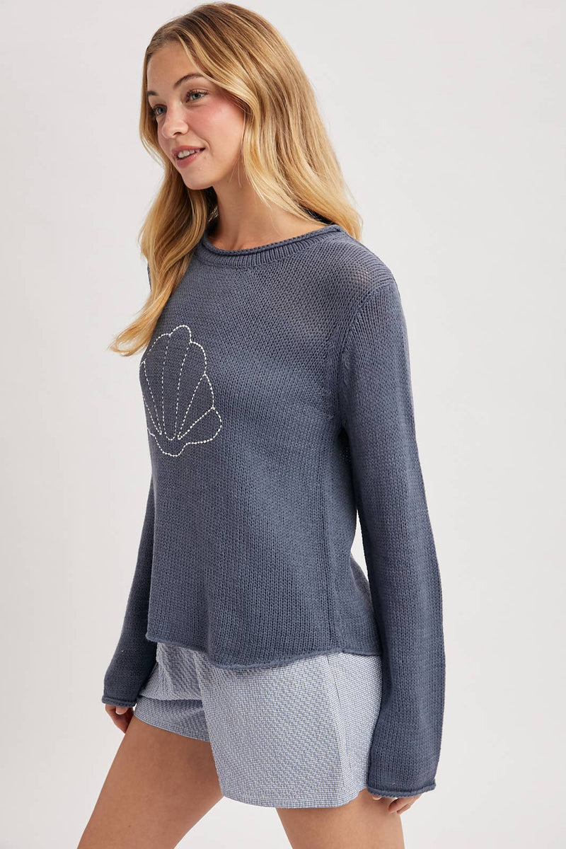 Ariel Seashell Embroidered Sweater - Navy – F + L Boutique