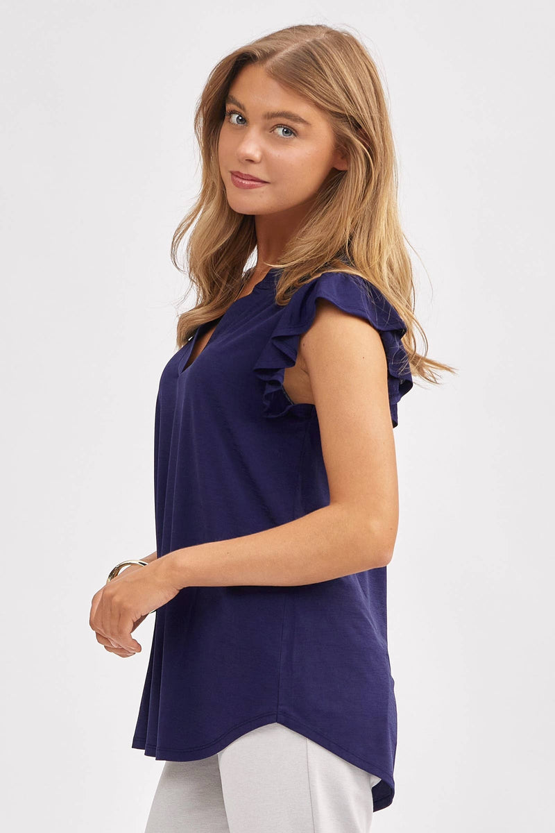 Catherine Mandarin Collar Flutter Sleeve Tank Top - Navy – F + L Boutique